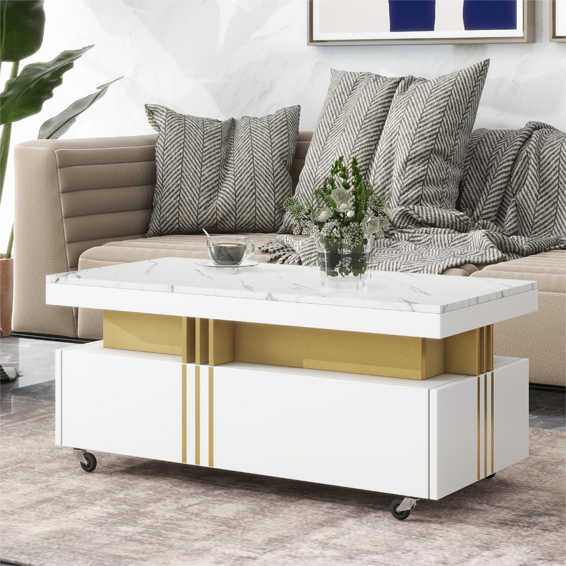 Latitude Run® Faux Marble Top Coffee Table with Caster Wheels - Moderate Luxury for Living Room ...