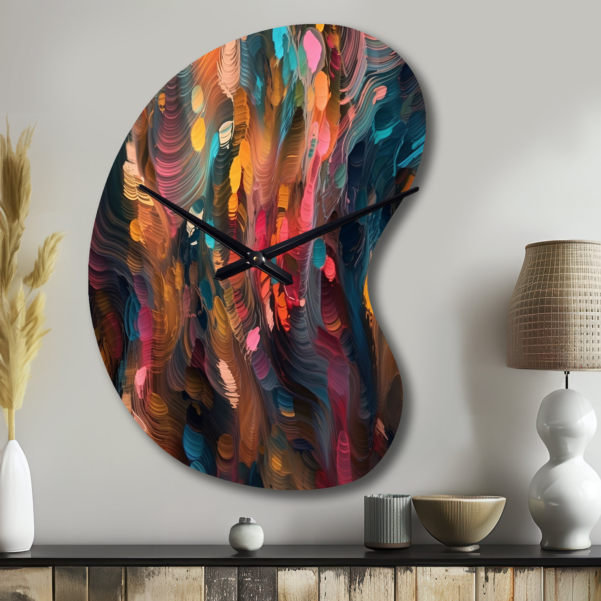 Design Art Random Swirls Abstract - Boom Shape Red Wall Clock Sculpture ...