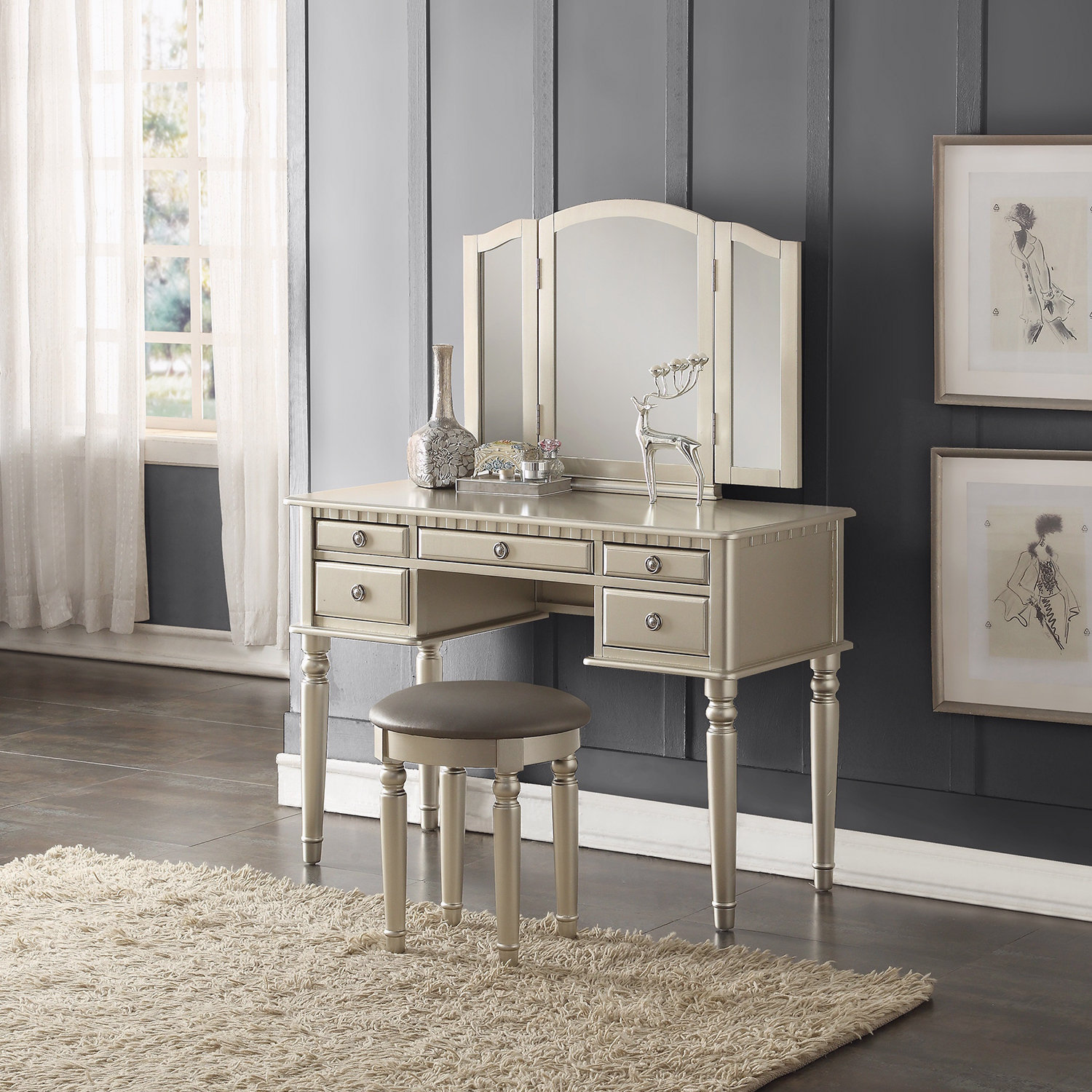 Canora Grey Contemporary Bedroom Vanity Set with Foldable Mirror and ...