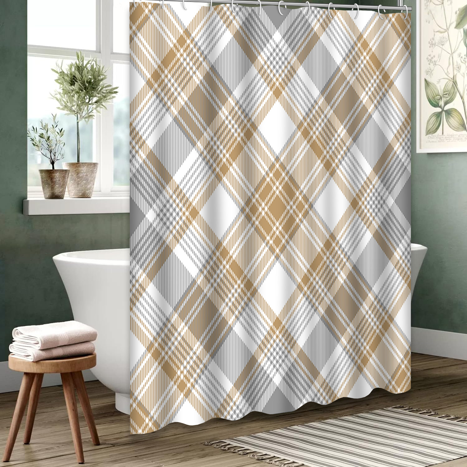 East Urban Home Gold Waterproof Shower Curtain,Tartan Diagonal Seamless ...