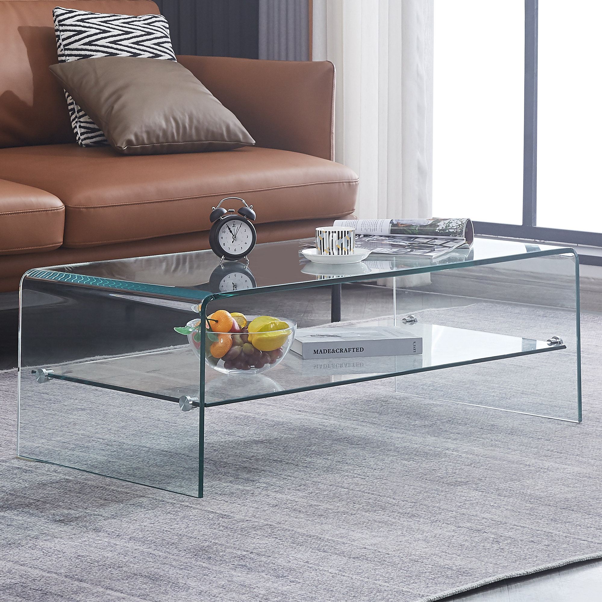 Wade Logan Tempered Clear Glass Sled Coffee Table with Storage for ...