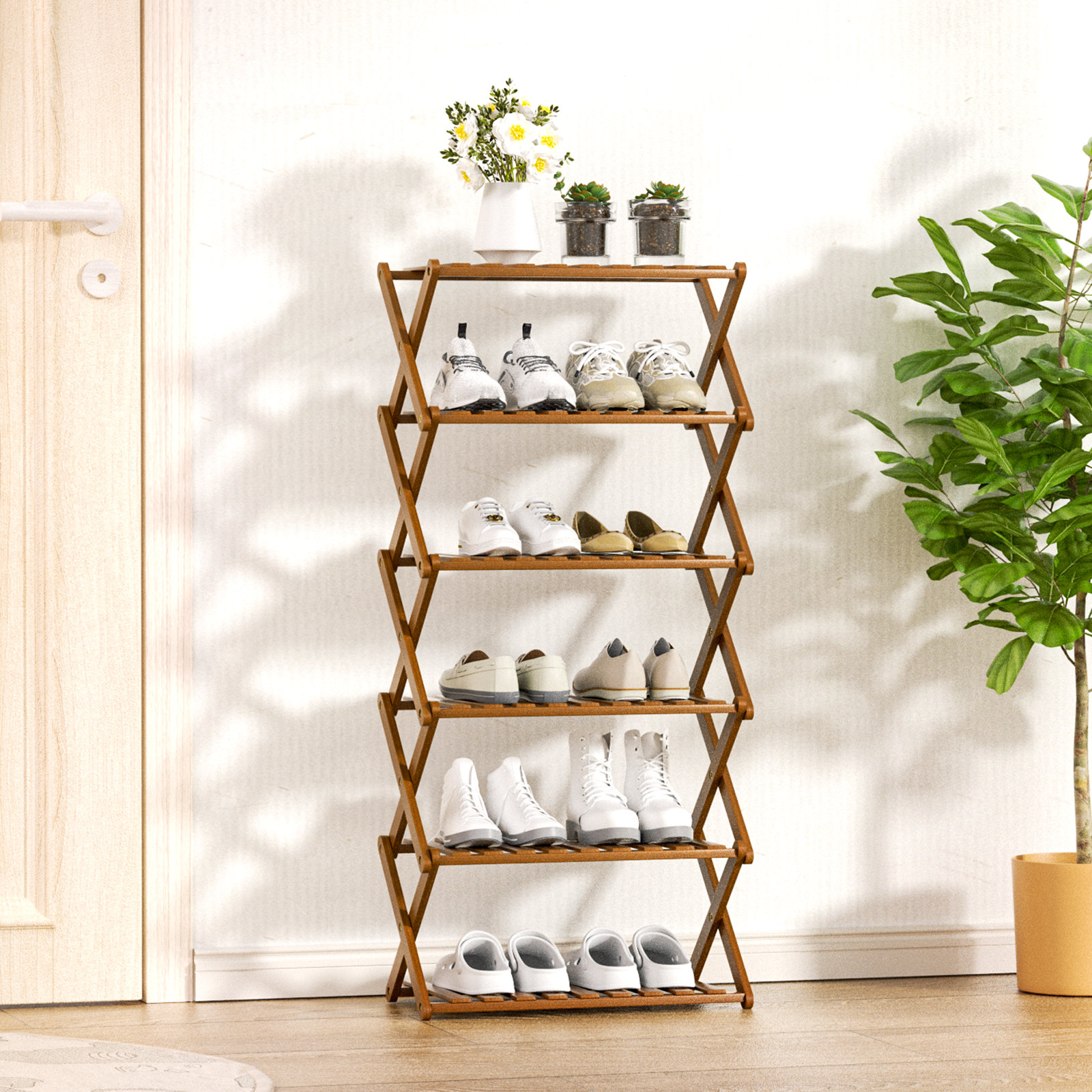 Winston Porter Bamboo 6-Tier Foldable Shoe Rack, Holds 18 Pairs ...