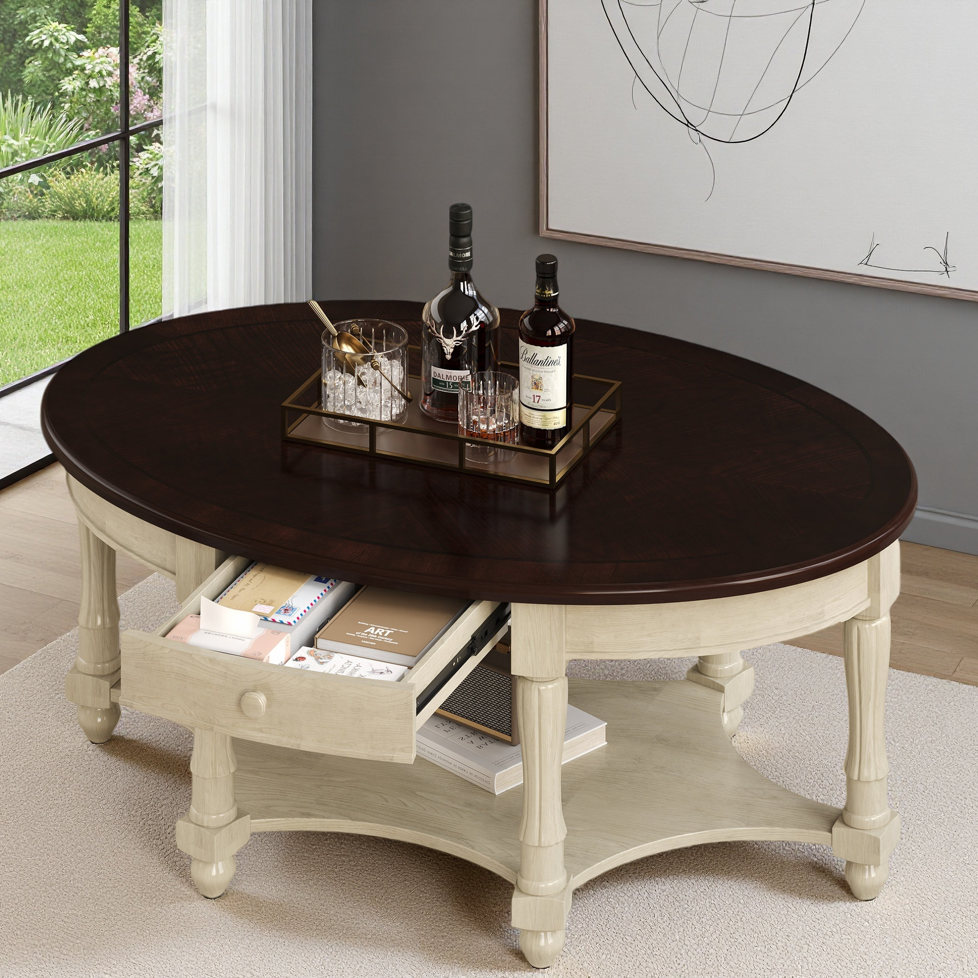 Alcott Hill® Vintage Oval Coffee Table With Drawer And Storage Shelf ...