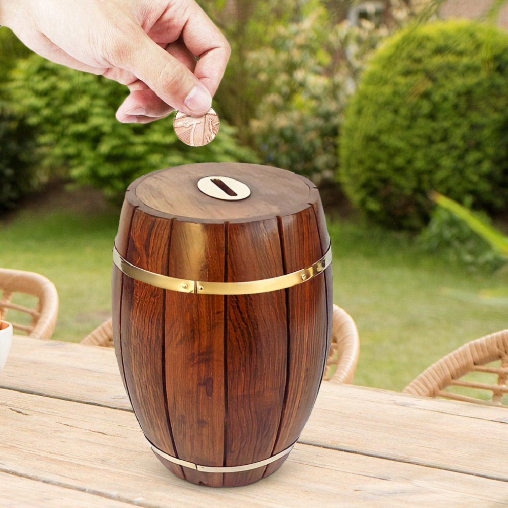 Vintiquewise Large Wine Barrel Shaped Brown Wooden Decorative Coin Bank ...