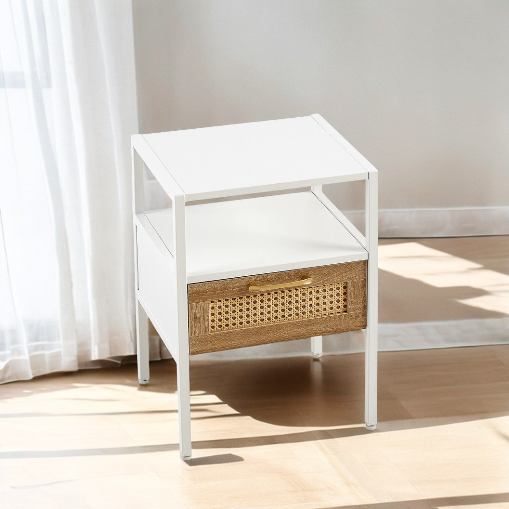 George Oliver Modern Rattan Side Table With Drawer, Metal Legs ...