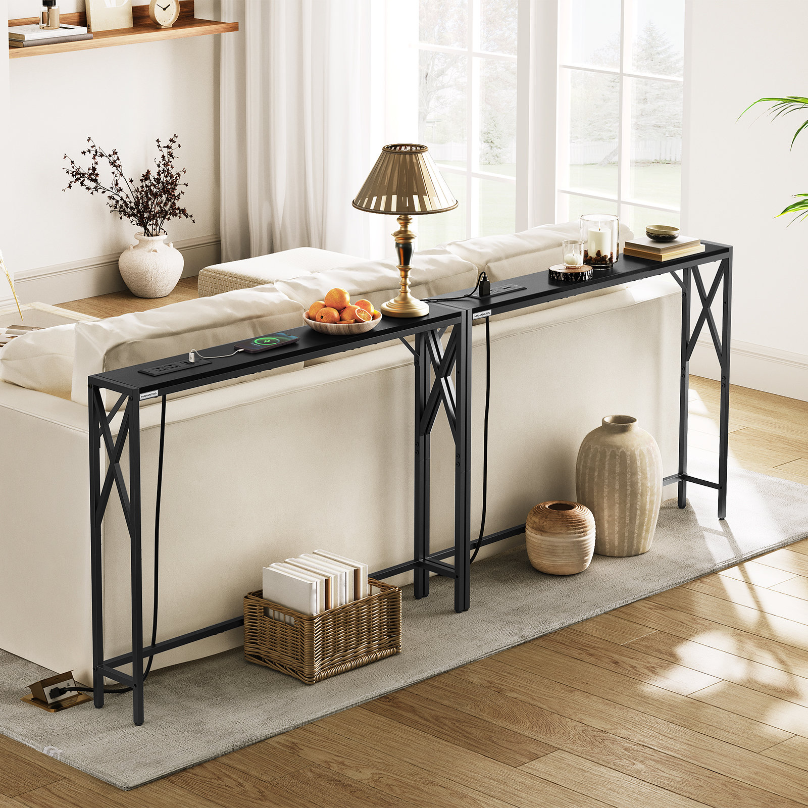 17 Stories Naun 78.7" Console Table with Power Outlet Narrow Sofa Table ...