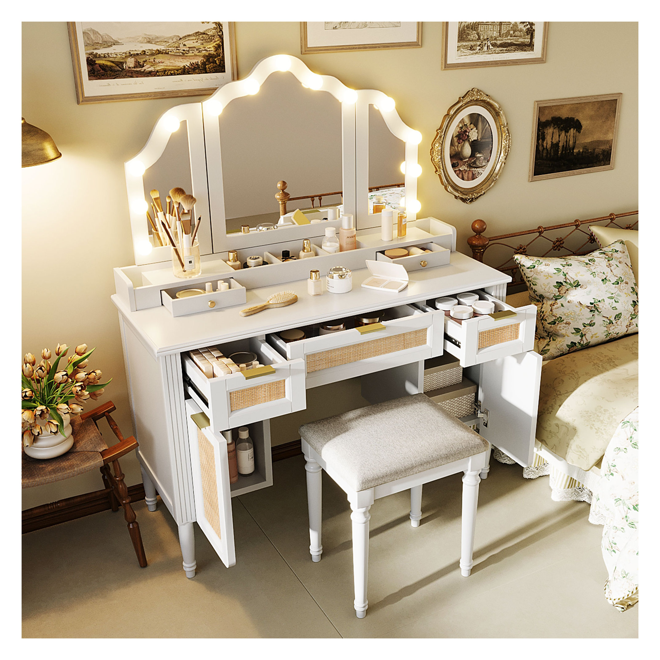 Brayden Studio® 44.37'' White Makeup Vanity Desk with 13 Hollywood LED ...