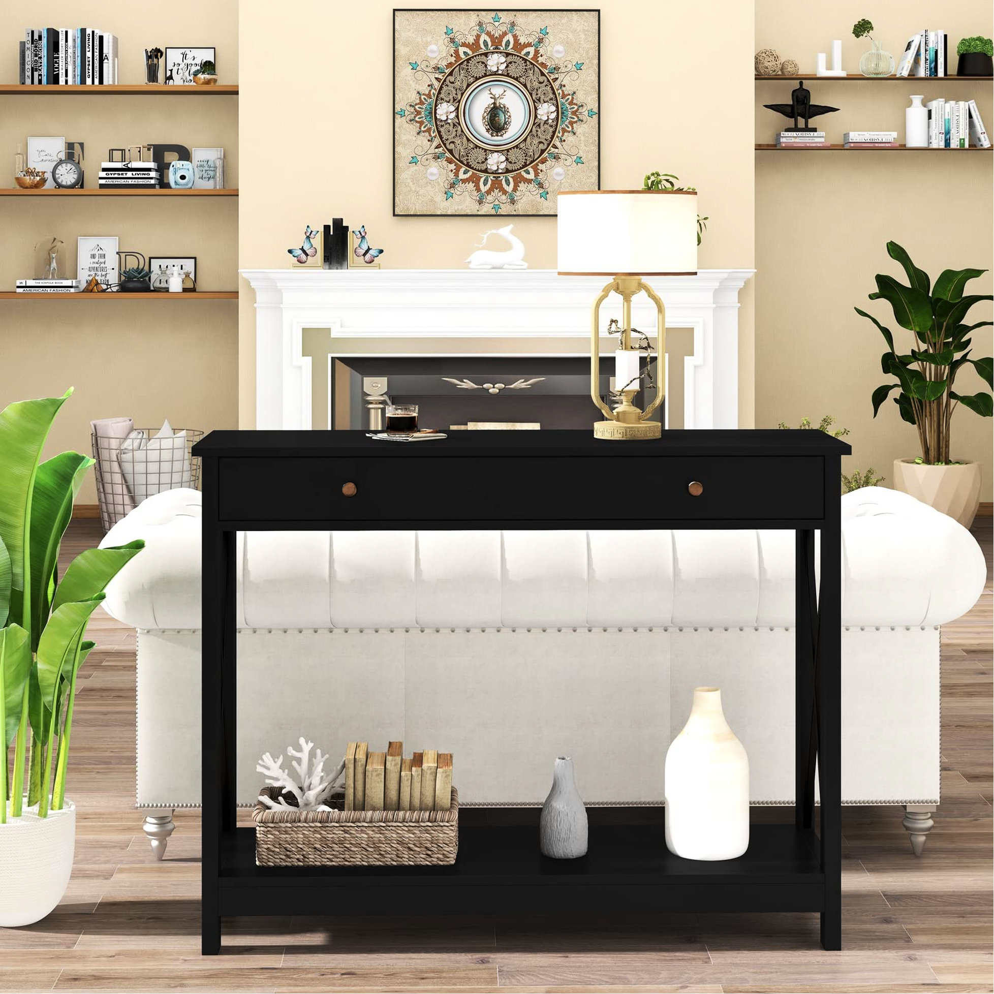 Ebern Designs Console Table With Drawer And Storage Shelves In Black ...