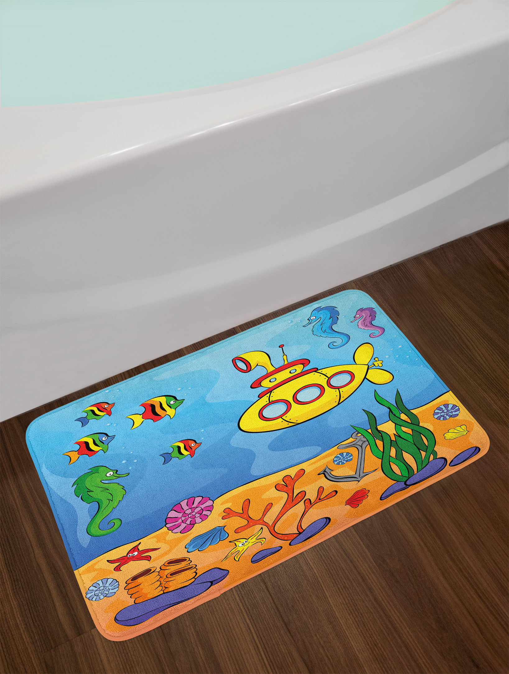 East Urban Home Underwater Marigold and Aqua Yellow Submarine Bath Rug ...