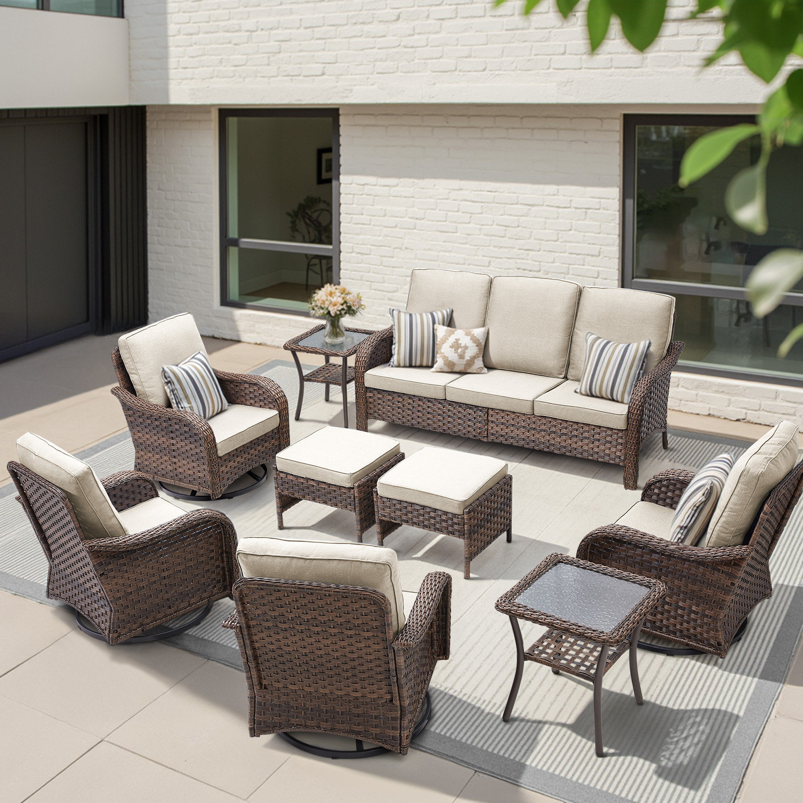 Lark Manor™ 9-Piece Outdoor Wicker Furniture Set – 4 Swivel Chairs, 2 ...