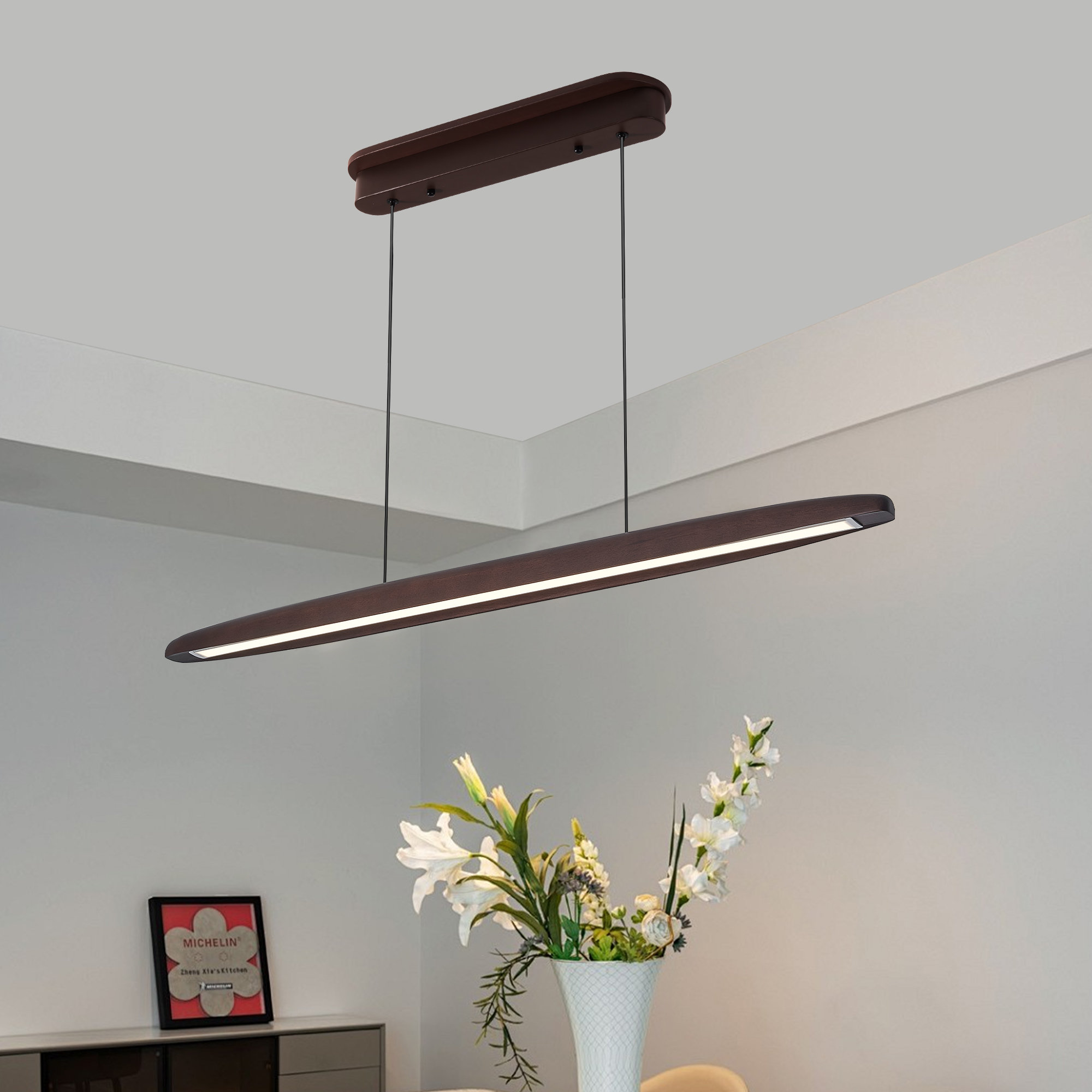 Ophelia & Co. Walnut Finish Linear Pendant Light with Remote Dimmable ...