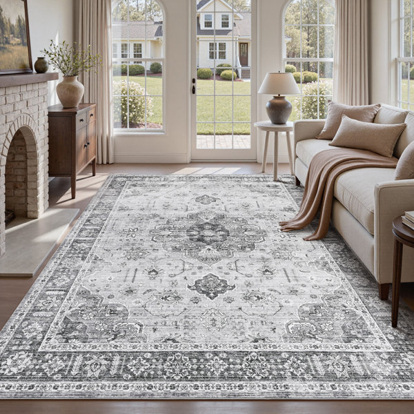 Bungalow Rose Vintage Floral Distressed Medallion Washable Rug | Wayfair