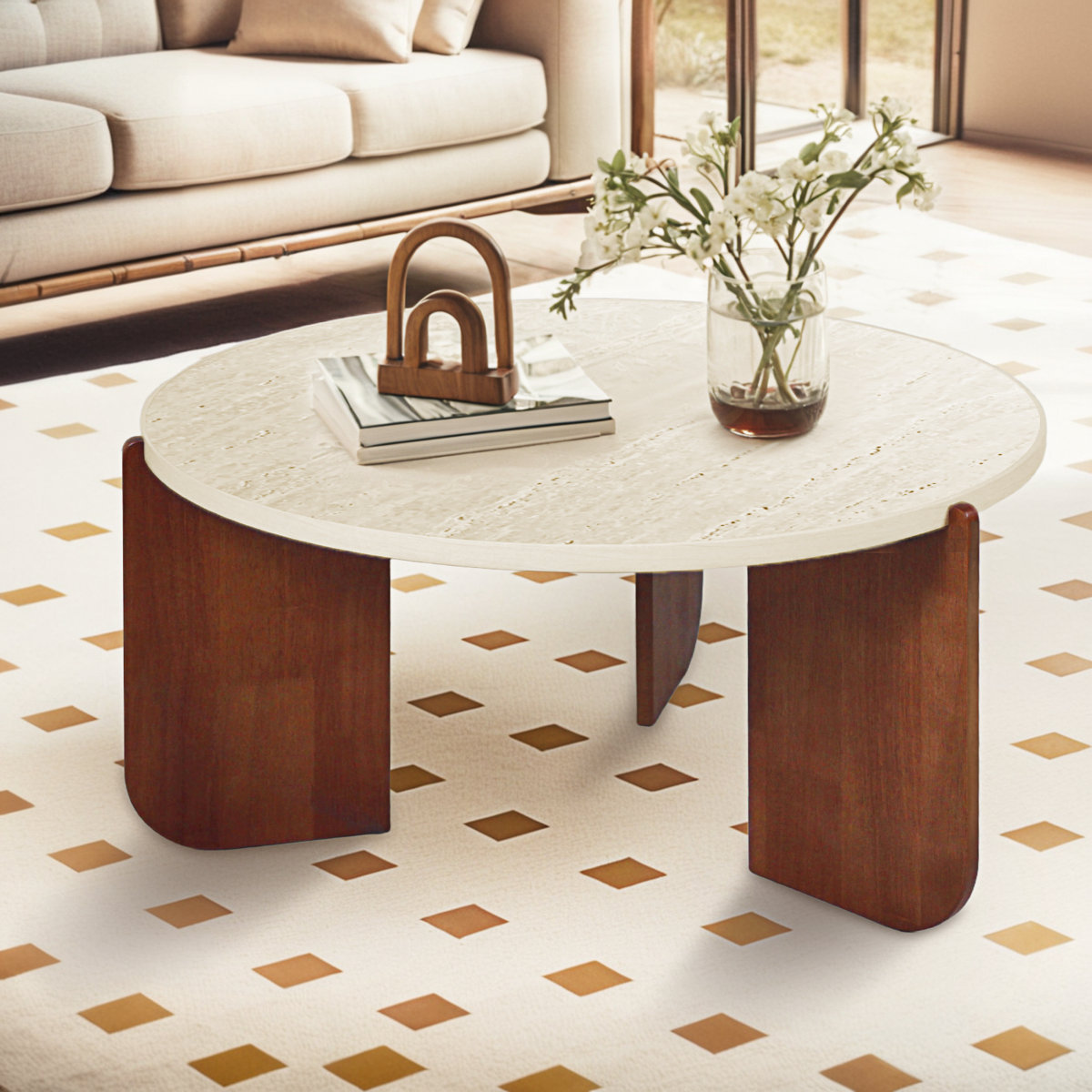 Ivy Bronx Elegant Round Travertine Texture Coffee Table – 30” Stone ...