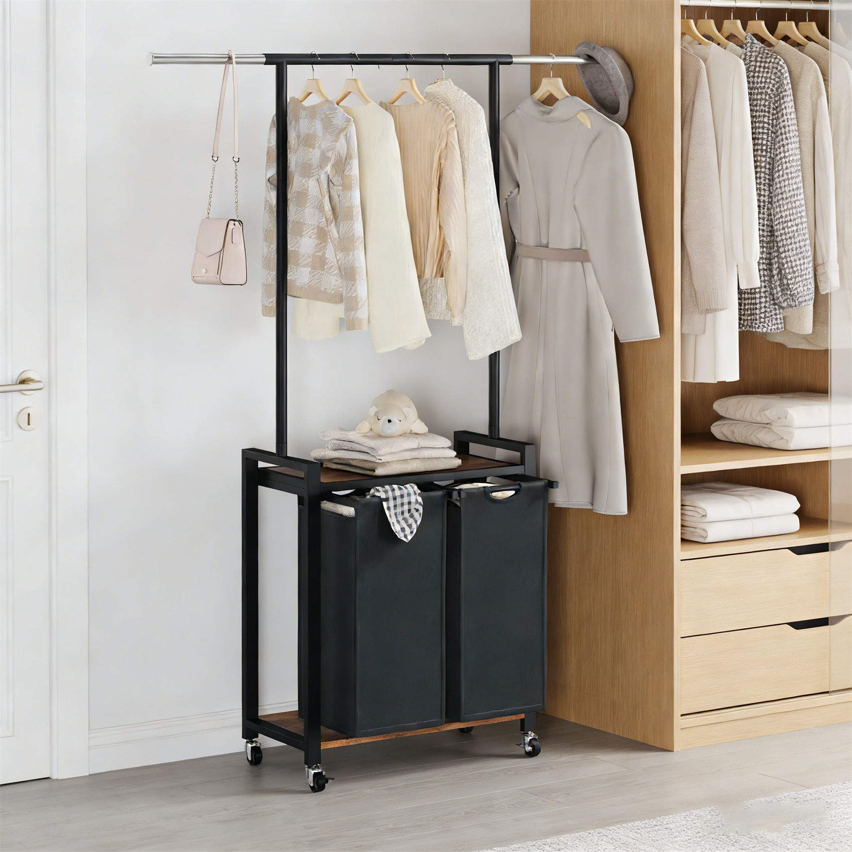 Nari Home Furni Laundry Cart, Rolling Laundry Cart With Hanging Rack ...