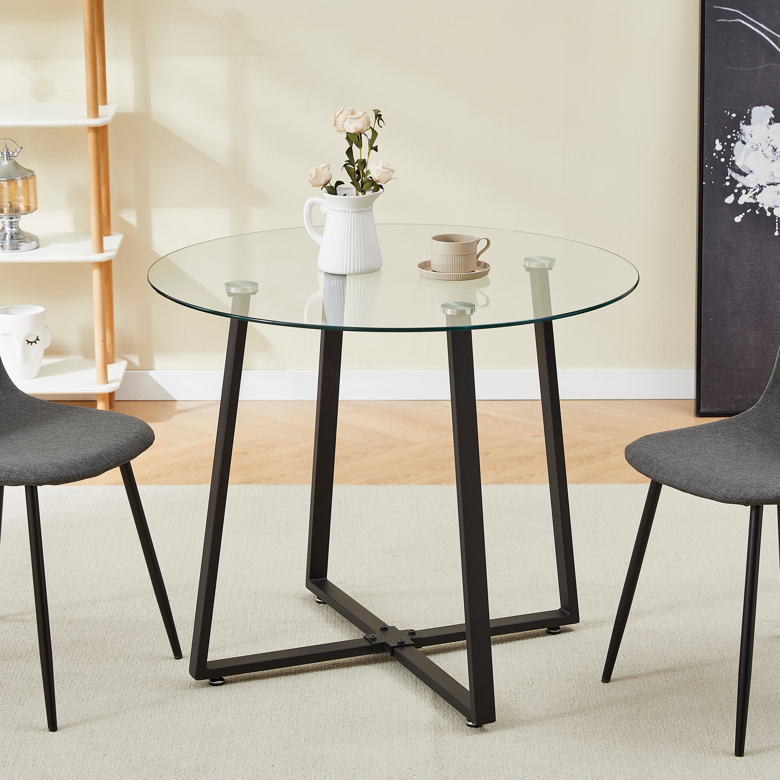 Ebern Designs 35.4" Tempered Glass Round Table with Black Metal Base ...