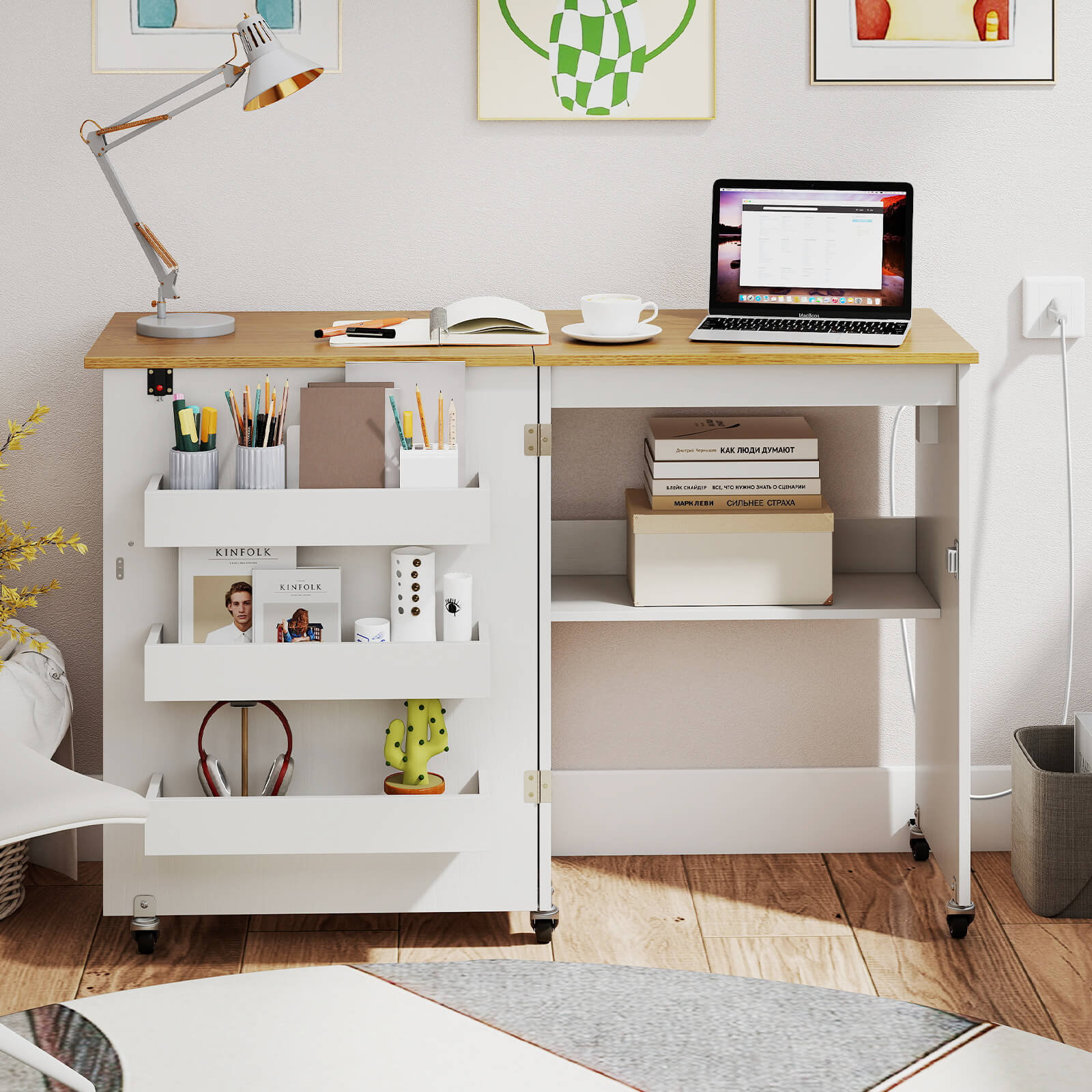 Costway Folding Sewing Table Rolling Craft Station W/ 3 Storage Bins ...