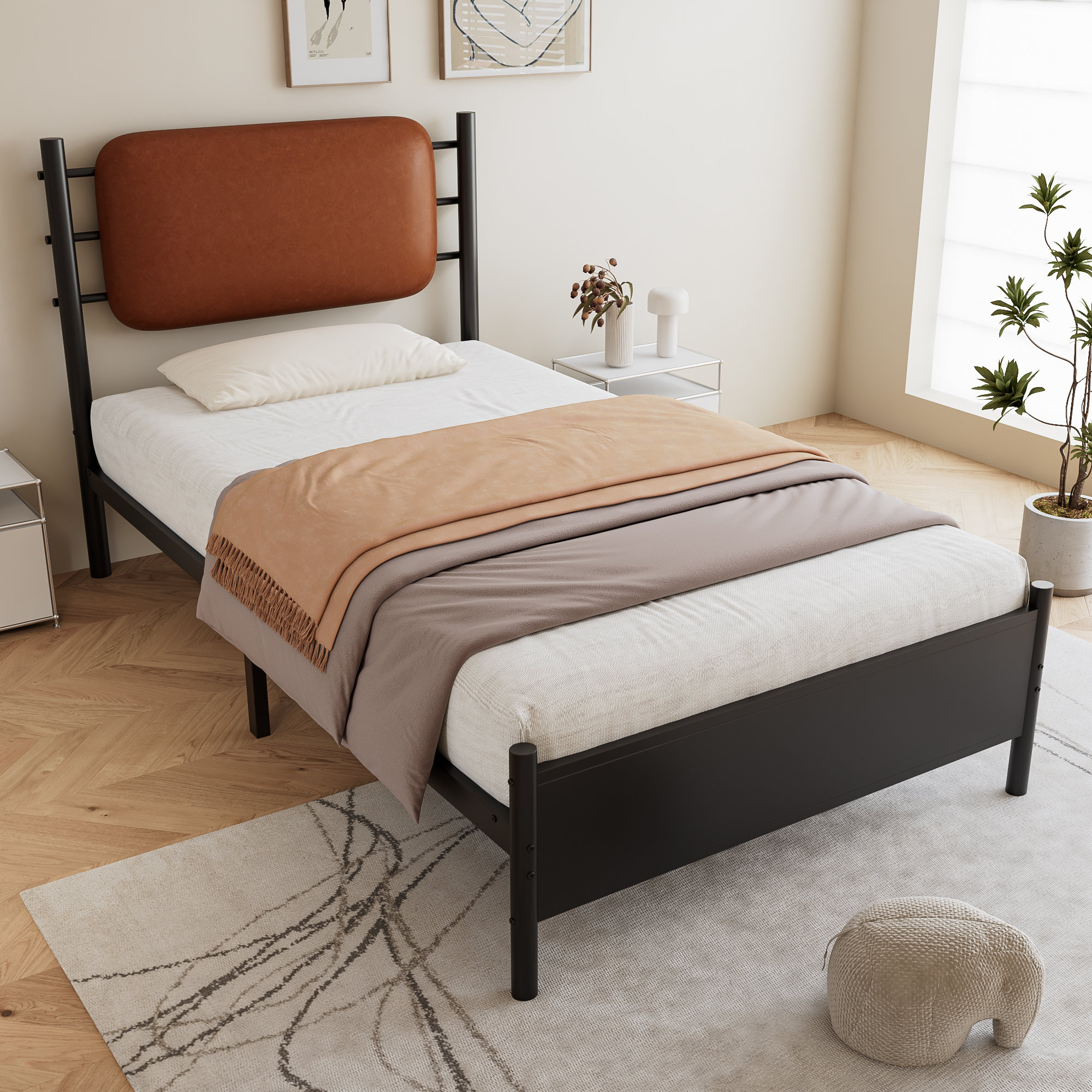 17 Stories Wrought Iron Bed With Pu Headboard - Durable Iron Slats ...