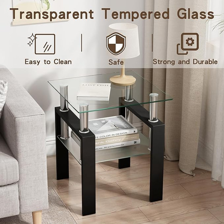 Brayden Studio® Modern Glass End Table 2-Tier Tempered Glass Top Corner ...