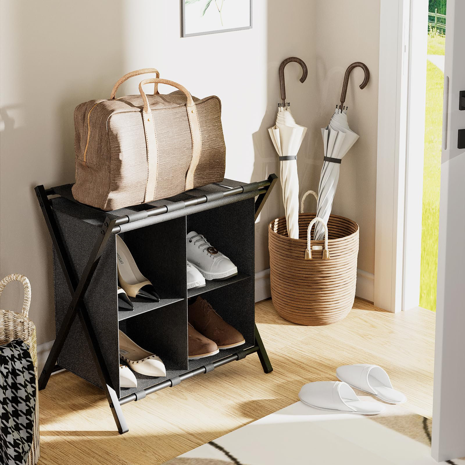 TUHOME FURNITURE LLC Folding Luggage Rack With Fabric Storage, Luggage ...