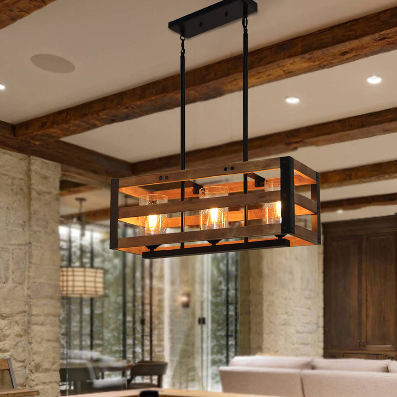 Gracie Oaks Rectangle Wood Chandelier Kitchen Lighting Fixtures,3 ...