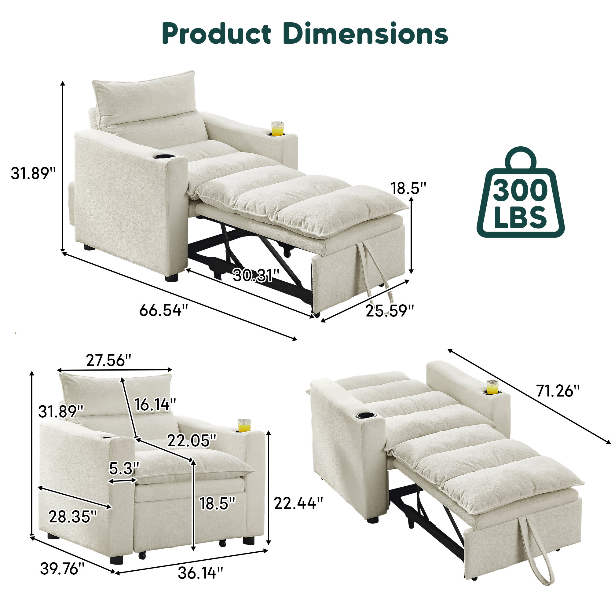 Mercer41 Convertible Sleeper Recliner Accent Chair with Cushion ,3-in-1 ...