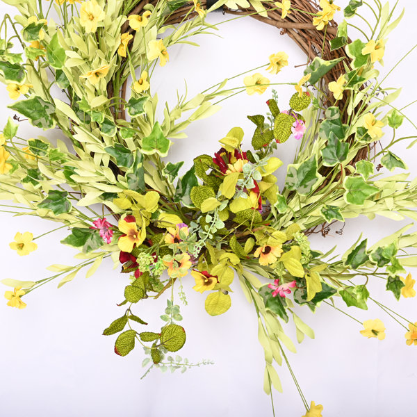 Primrue 28" Spring Summer Front Door Wreath with Pansy Daisy Blossoms ...