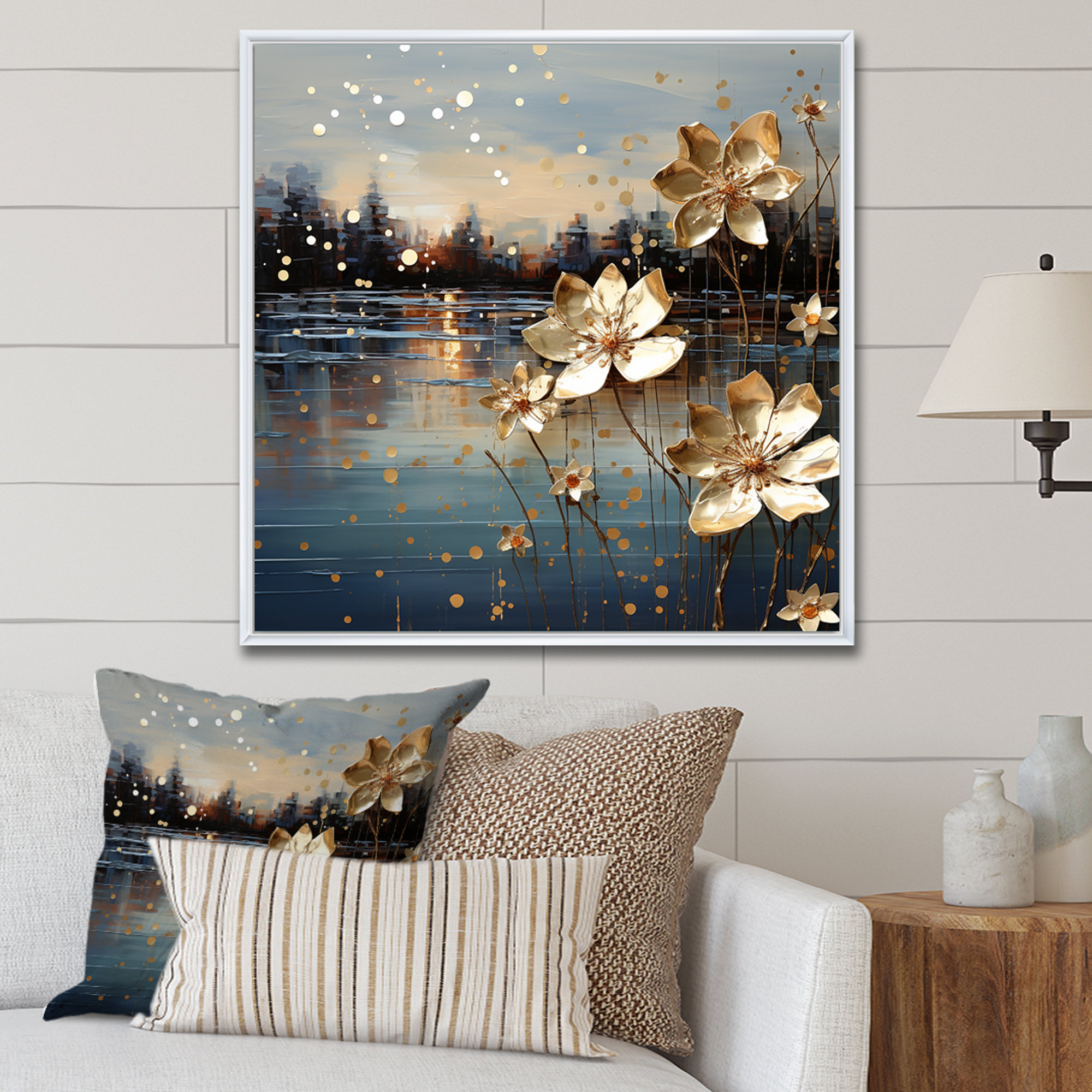 Winston Porter Blue Moonlit Gold Floral Pond - Marigold Wall Art | Wayfair