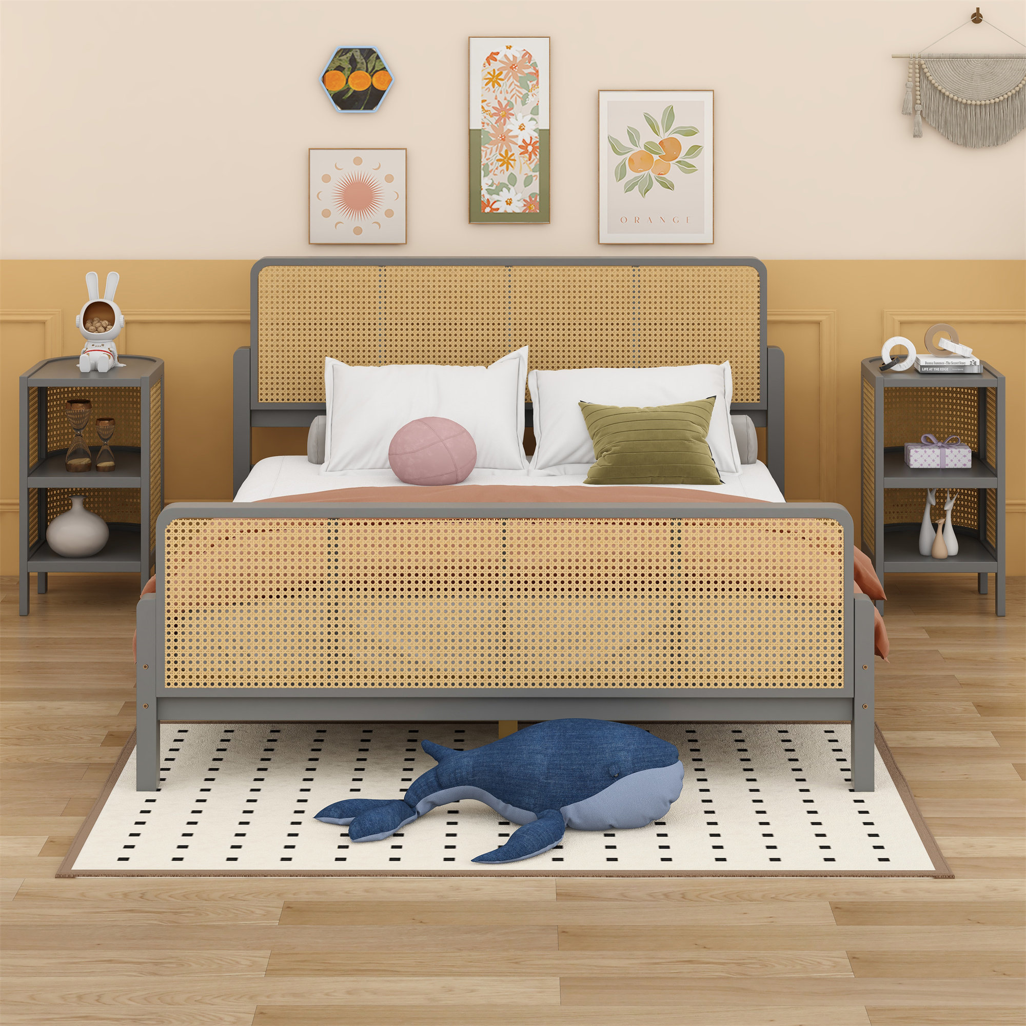 Williston Forge 3 Pieces Rattan Platform Full Size Bed With 2 ...