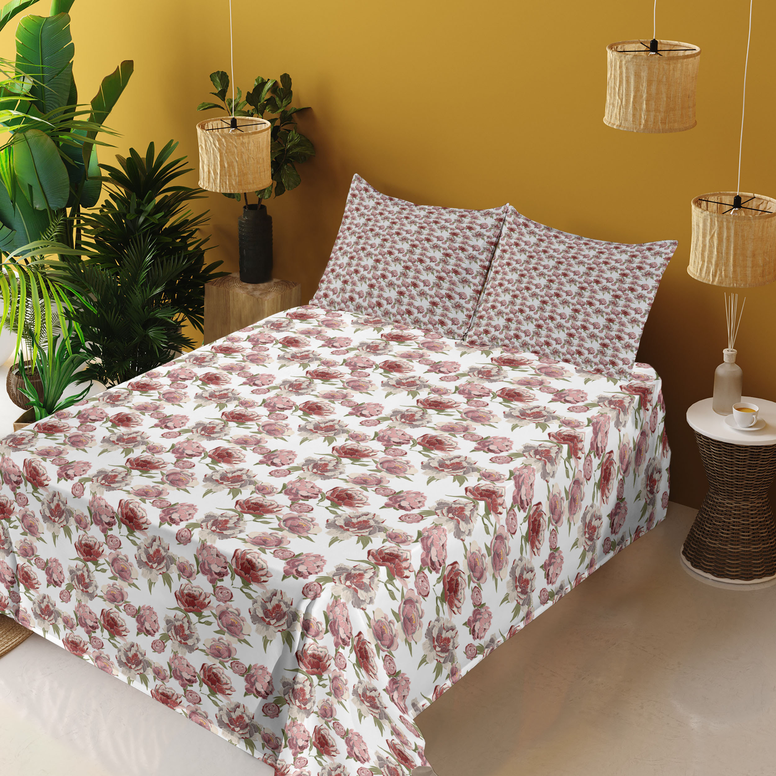 Ambesonne Floral Sheet Set Peonies on Plain Backdrop Dark Rust Slate ...