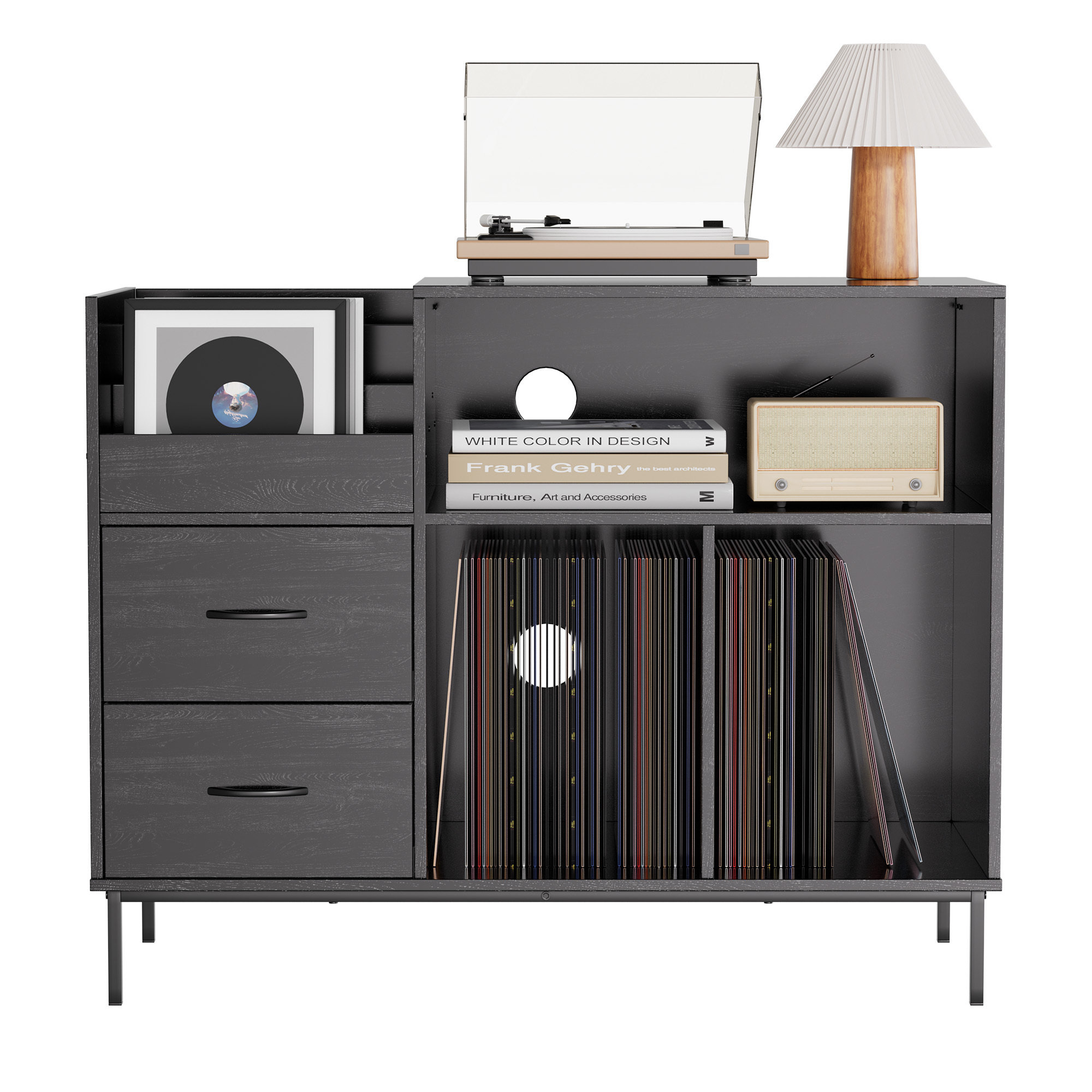 George Oliver Record Player Stand With Power Outlet Black Wood Grain ...