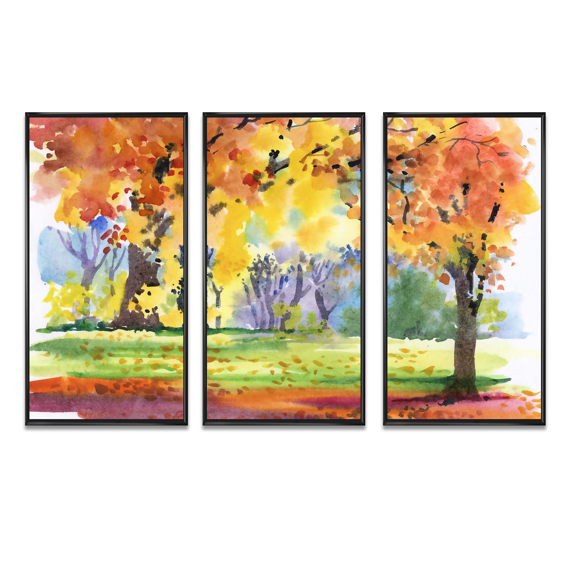 Winston Porter Autumn Park Yellow Trees Watercolor - 3 Piece Floater ...