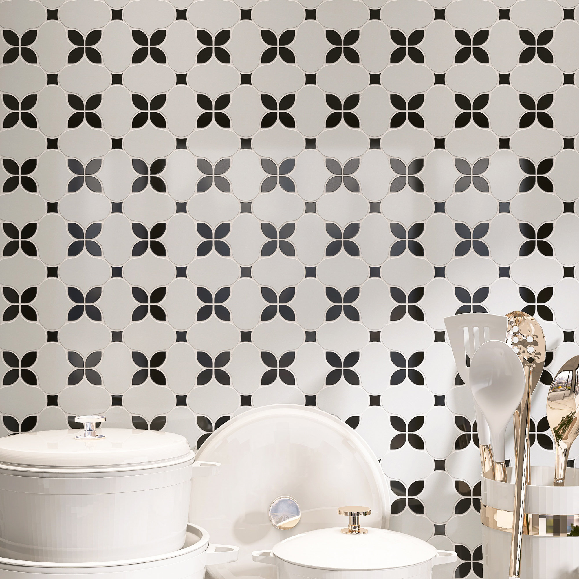 Supreme Tile Clover Bloom 11.82 in. x 11.82 in. Floral Polished Marble ...