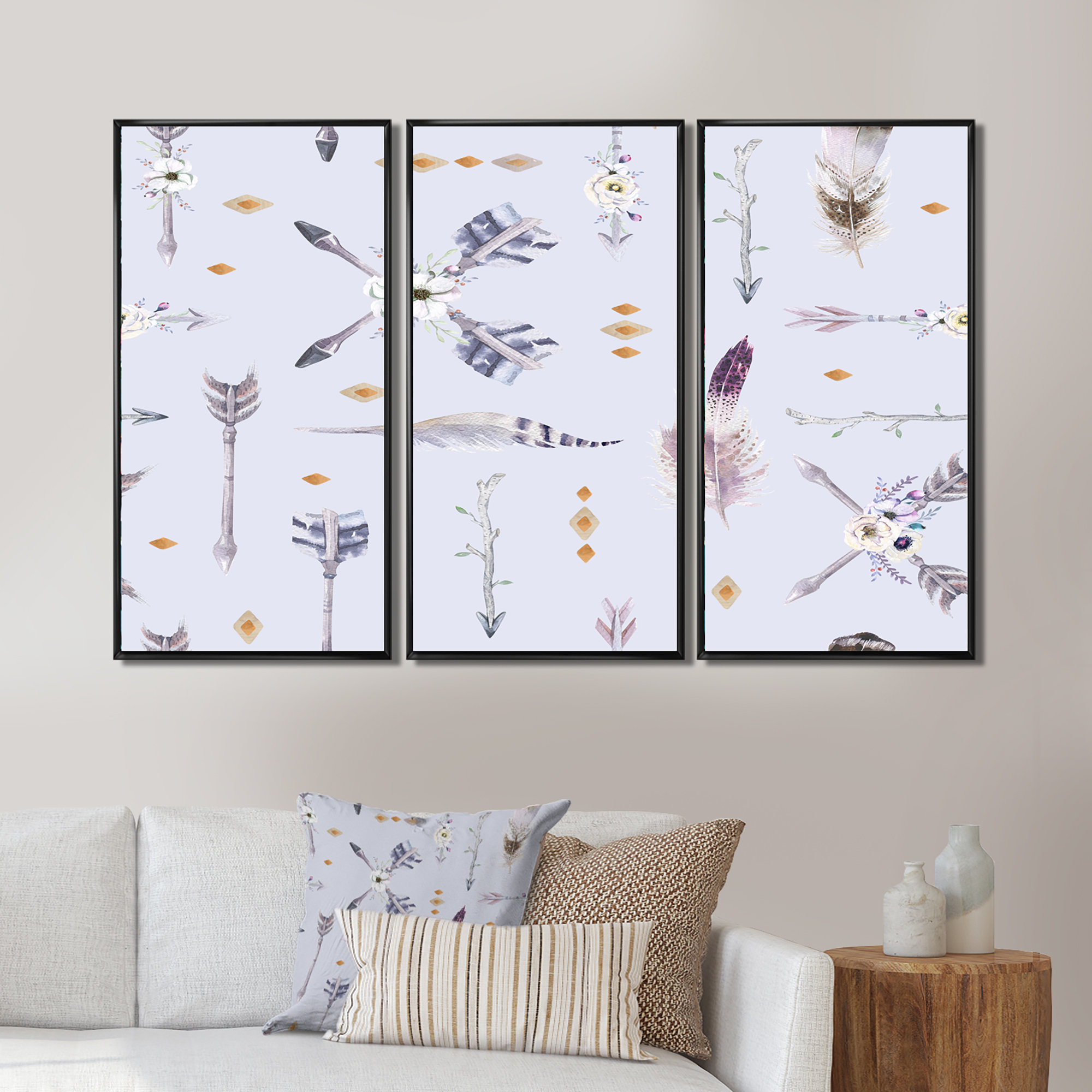 Union Rustic Boho Purple Arrows with White Flowers V - 3 Piece Picture ...