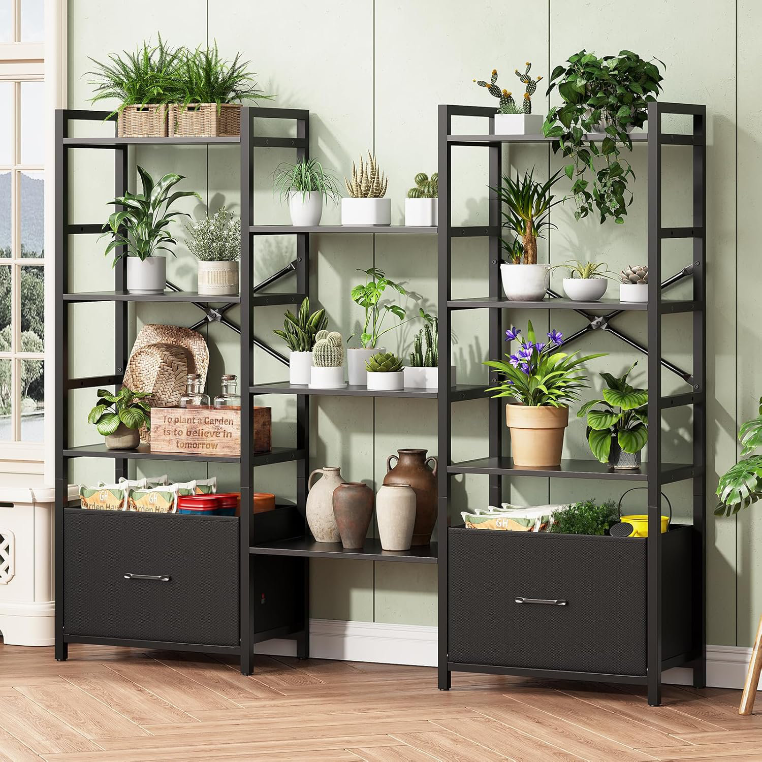 17 Stories Triple 4 Tier Bookshelf With Drawers, Bookcase With Open ...