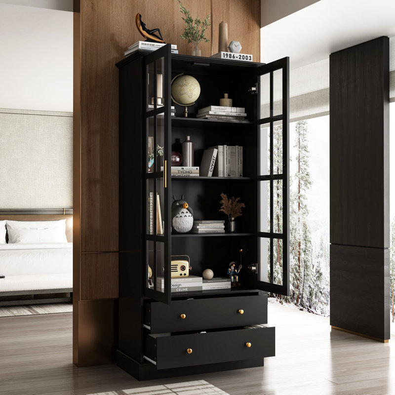 Winston Porter Display Cabinet With Tempered Glass Door And 2 Drawers ...