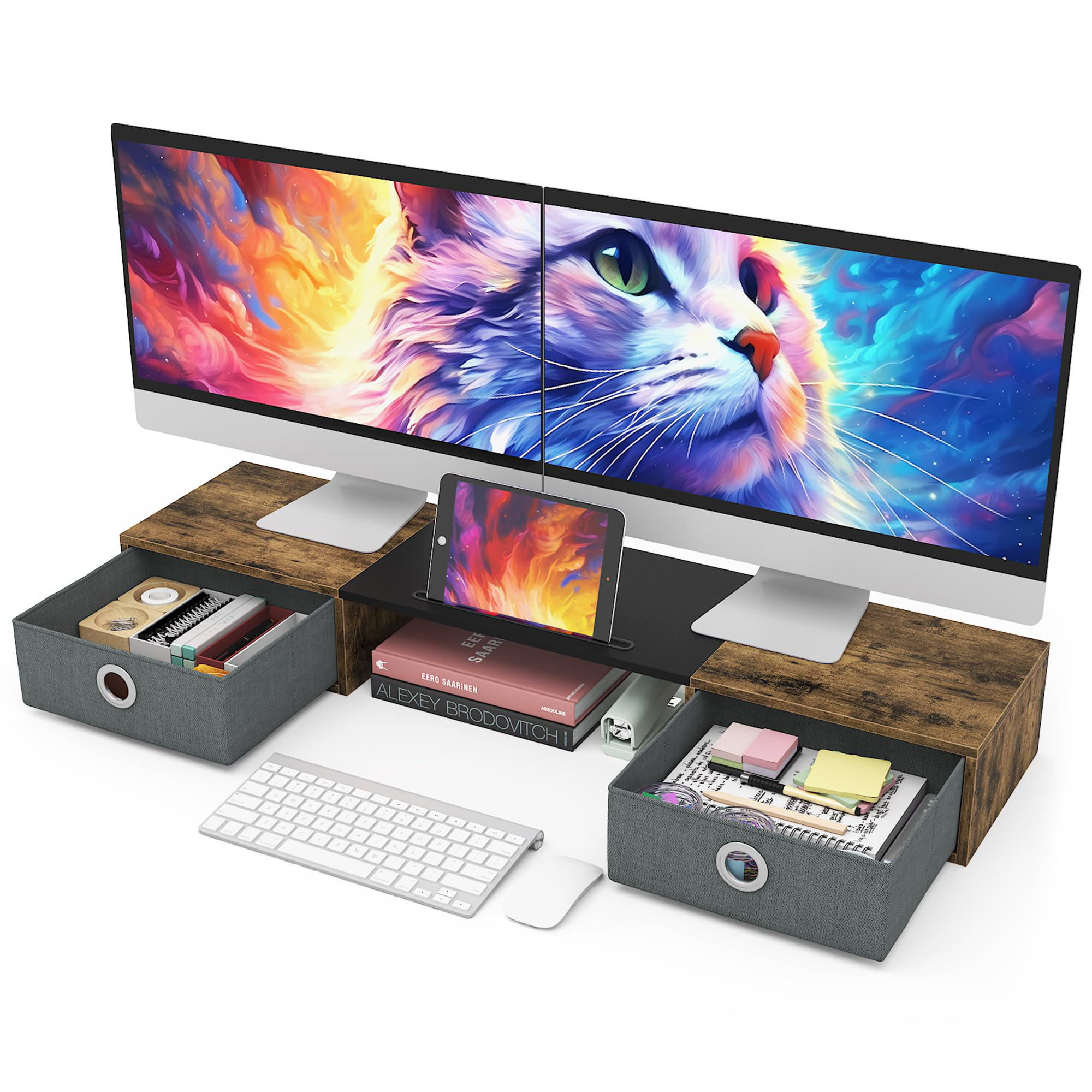 wanmo Dual Monitor Stand Riser With Two Drawers, Extra Large Storage ...