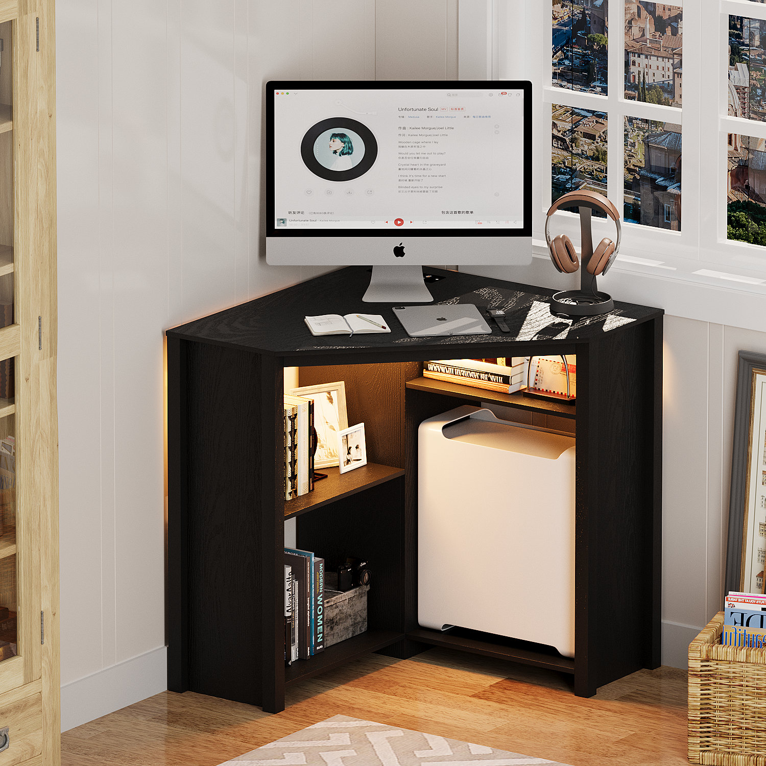 Wrought Studio™ Corner Desk With Power Outlets Anda Led Lights For ...