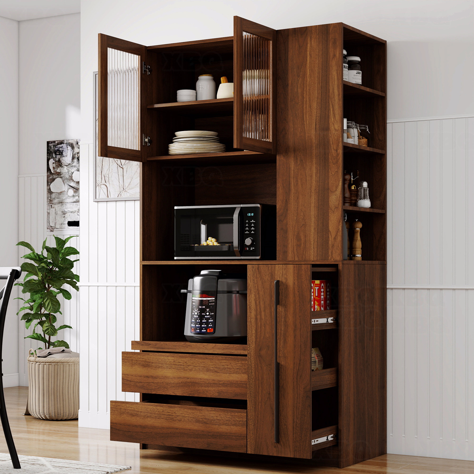 Latitude Run® 2-Drawer Tall Kitchen Pantry Storage Cabinet, 4-Tier Side ...