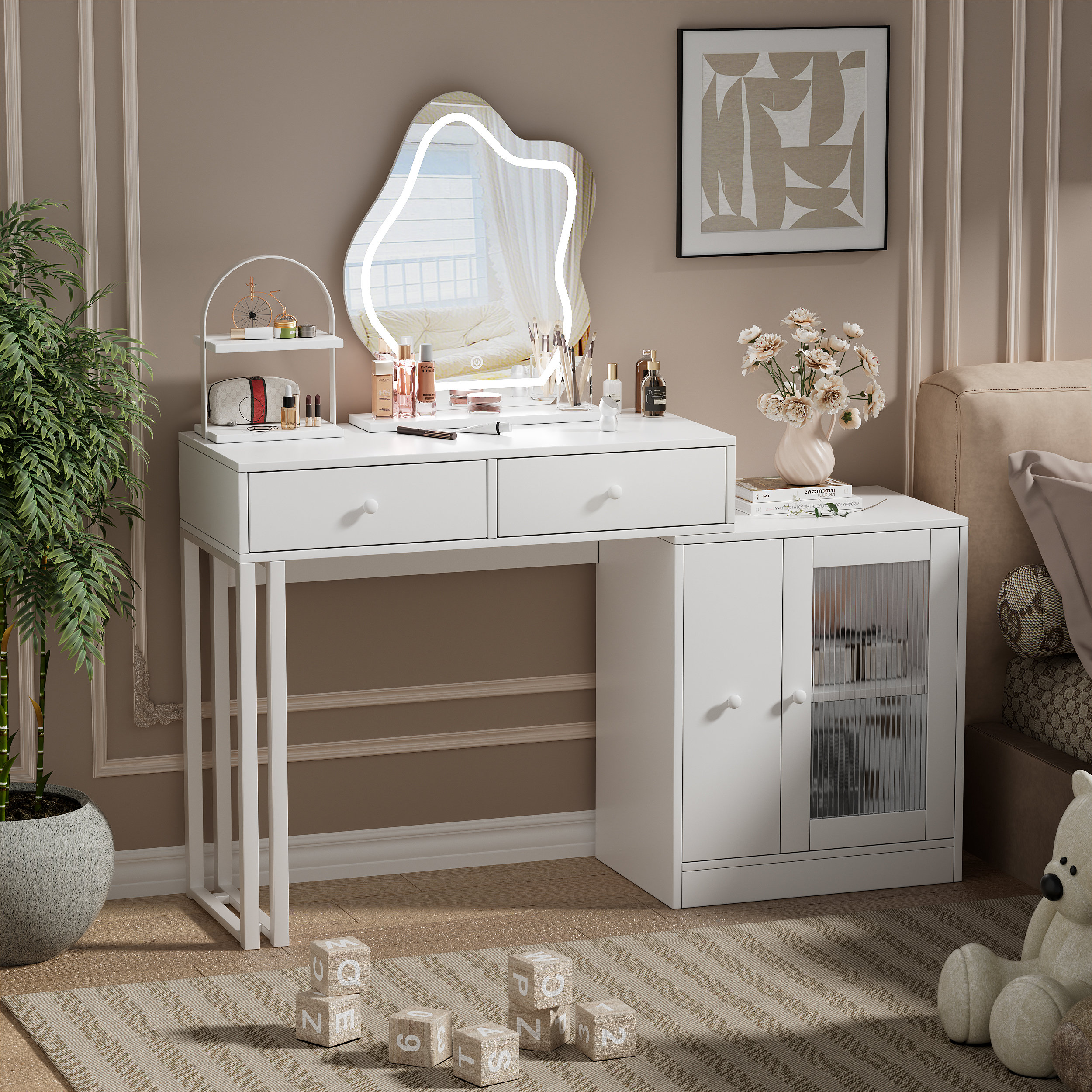 Wrought Studio™ Fuzail Makeup Vanity with 3-Color Touch Screen Lighted ...