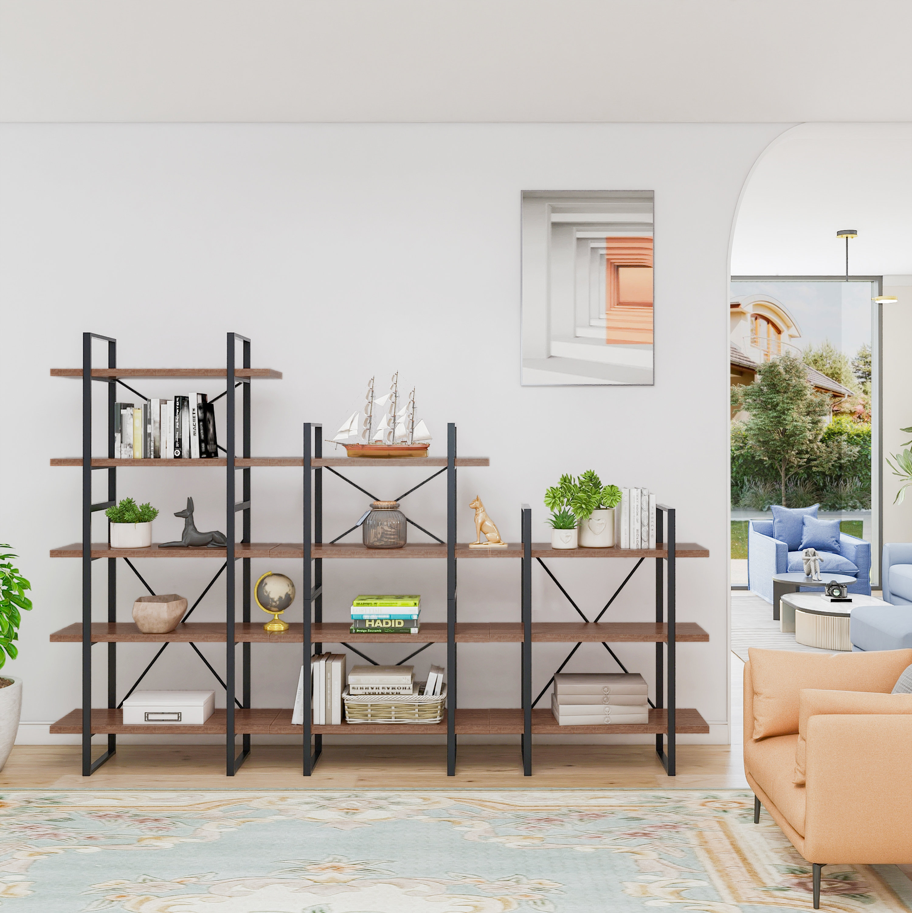 17 Stories Lotus Antique Walnut With Metal Etagere Bookshelves--71"H ...