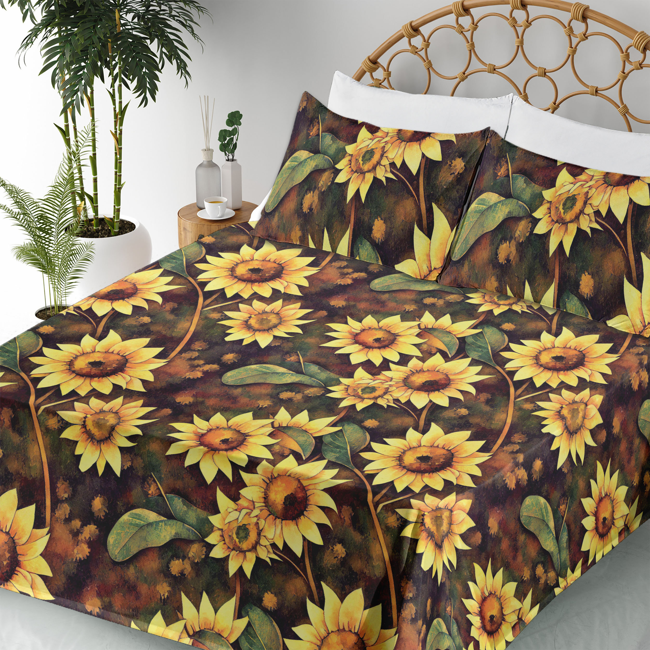 Ambesonne Floral Sheet Set Sunflowers Blooming Floral Pale Avocado ...