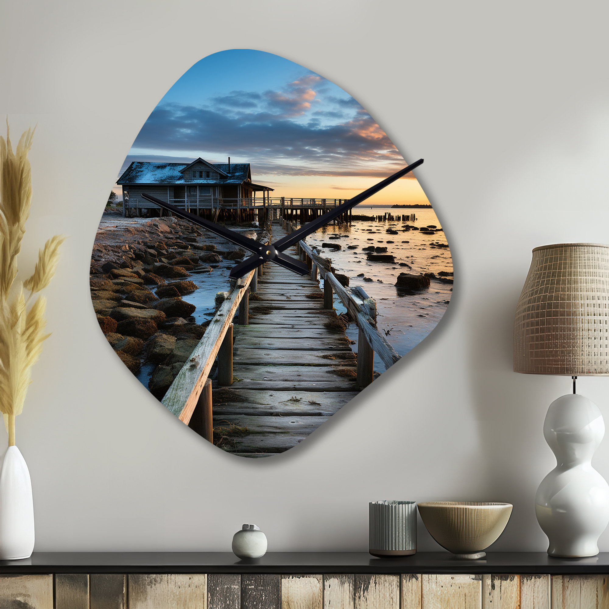 Design Art Pier And Dock Rustic I - Asymmetrical Port Metal Wall Clock ...