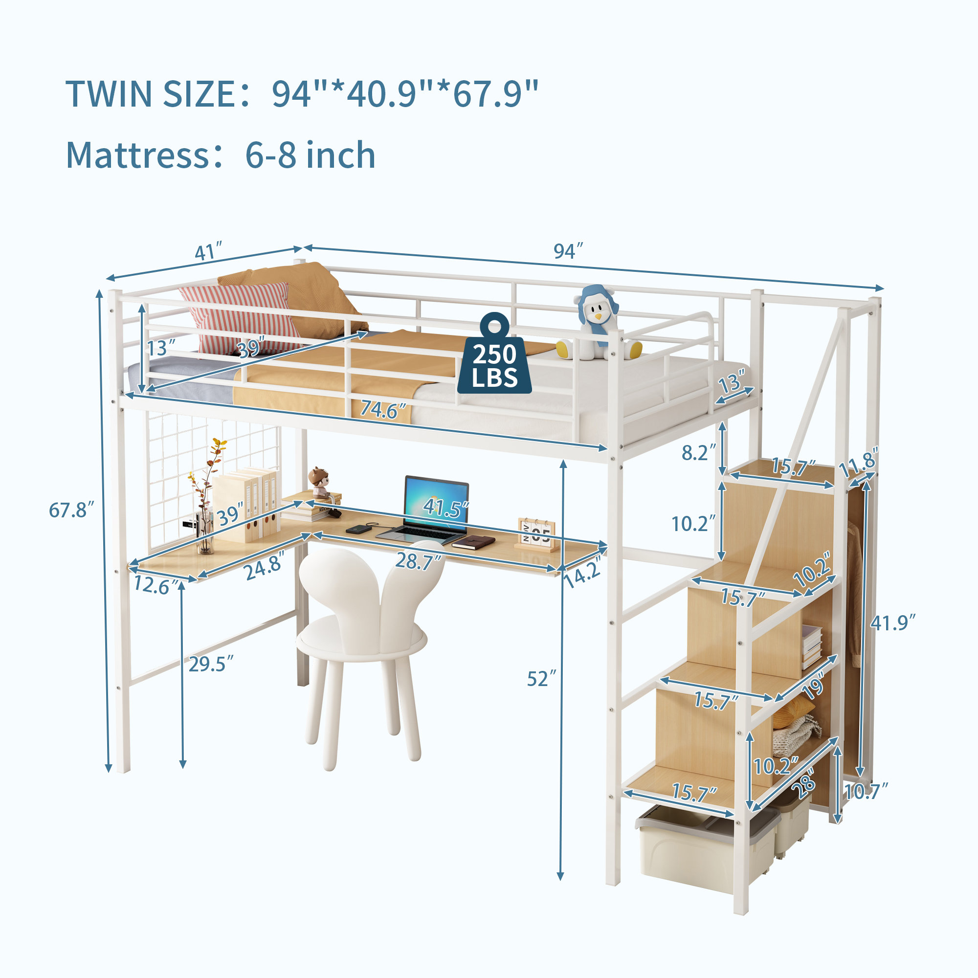Mason & Marbles Cassidee Twin Loft Bed With Desk And Storage Wardrobe ...
