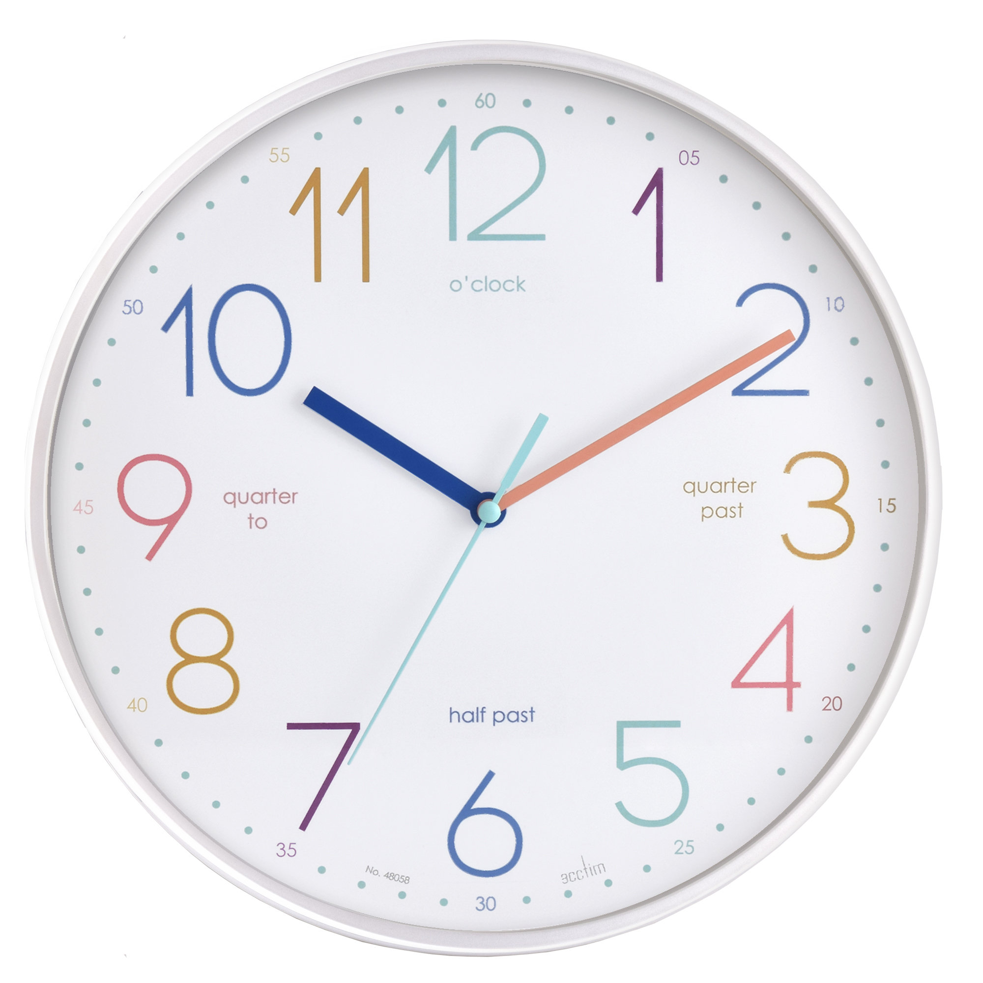 Acctim Afia Teaching Kids Wall Clock Non Ticking Sweep Quartz Quarterly ...