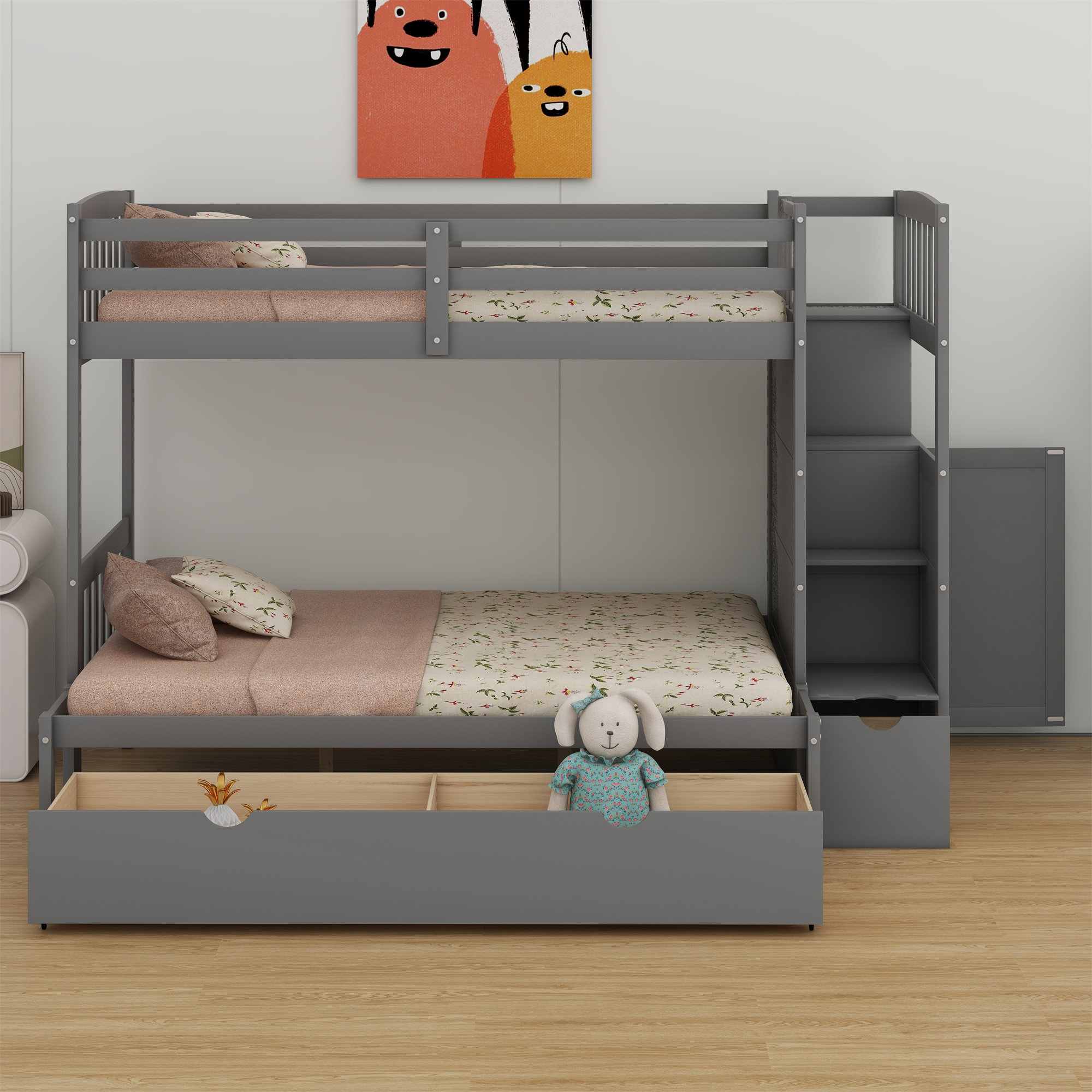 Harriet Bee Bunk Bed, Convertible Bottom Bed, Storage Shelves And ...