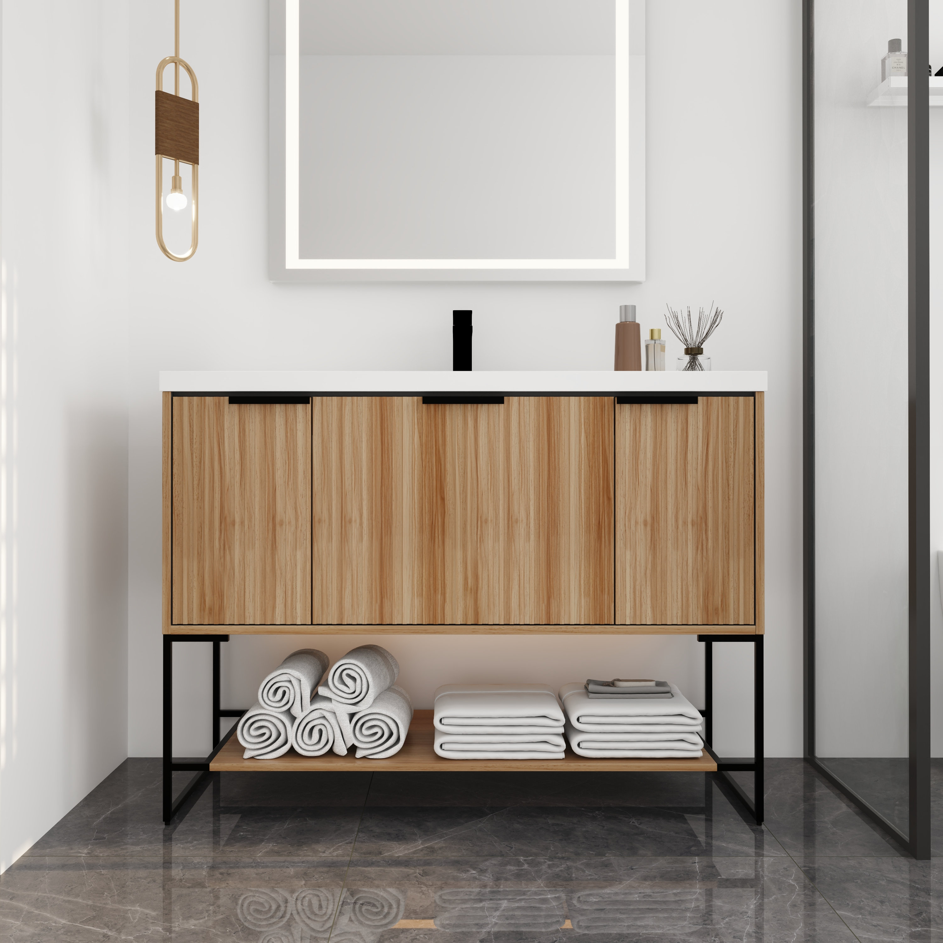 Latitude Run® Pritha 48" Wood Slatted Freestanding Vanity with Resin ...