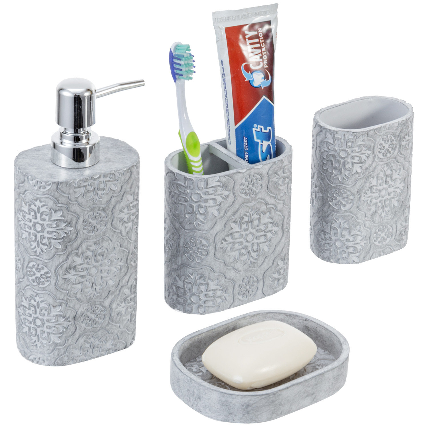 Ebern Designs Oakvale 4 Piece Gray Embossed Bathroom Accessory Sets ...