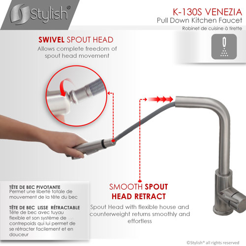 STYLISH Single Handle Pull Down Stainless Steel Kitchen Faucet with ...