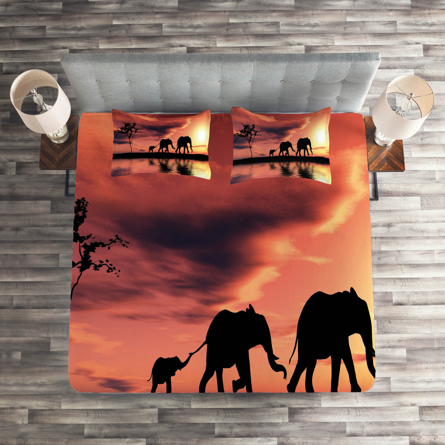 Ambesonne Elephant Orange/Black Microfiber Coverlet / Bedspread Set ...