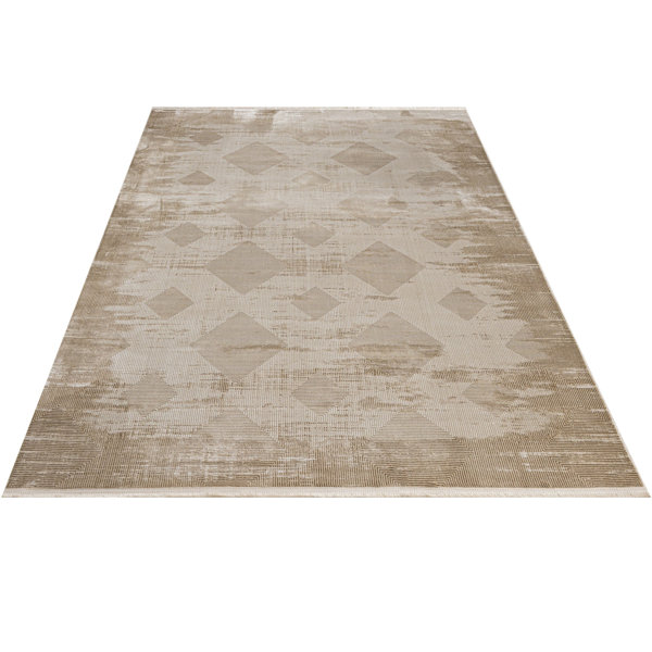 Ivy Bronx Antonia Beige Abstract Microfiber Machine Made Area Rug ...